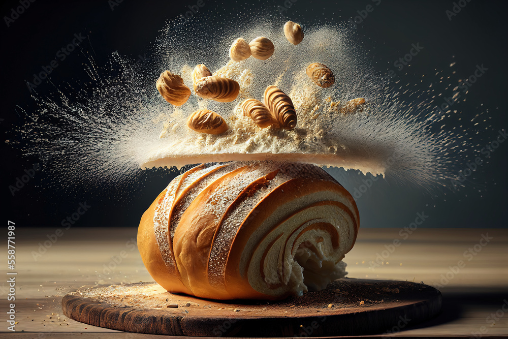 Tasty bun on the breadboard with flour and dough explosion above ...