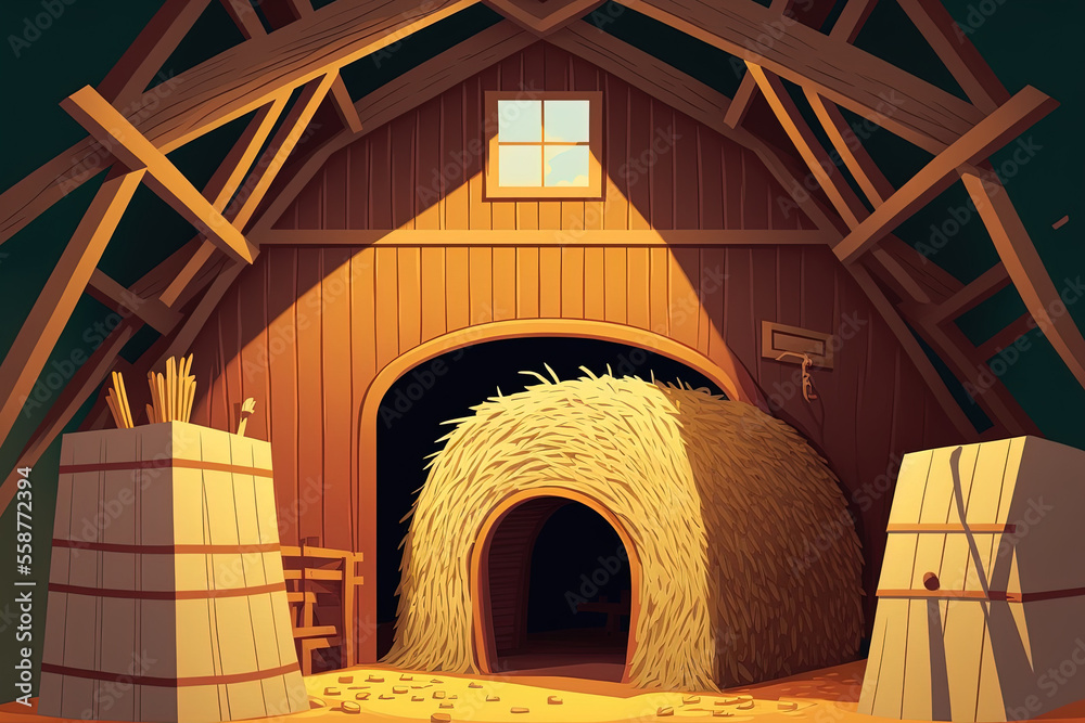 Haystack with hayloft in cartoon form, inside a rural barn or stable ...