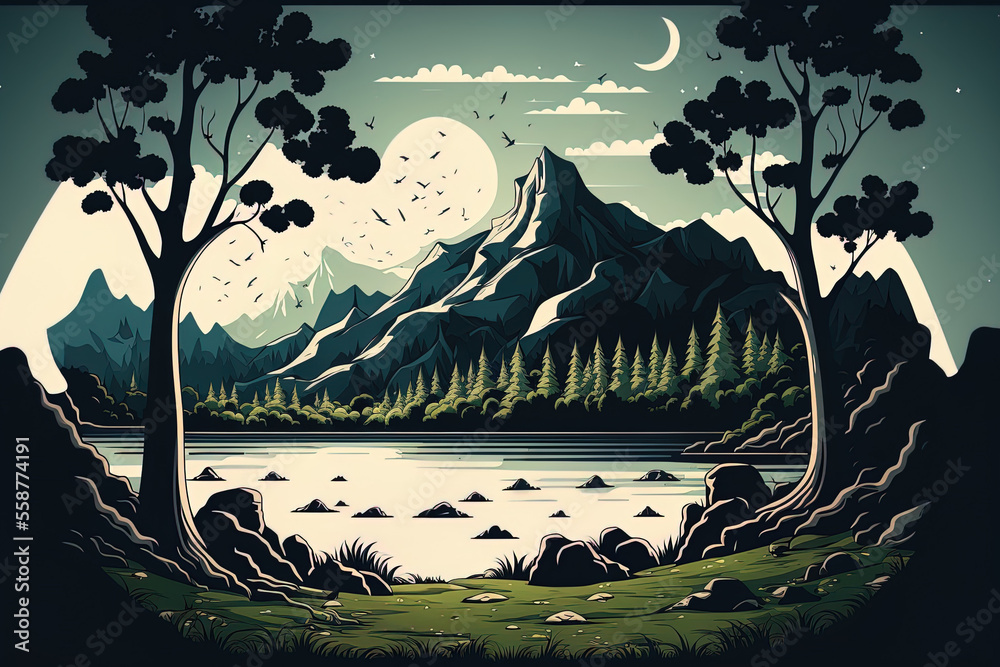 Cartoon nature background including mountains, a forest, and a lake ...