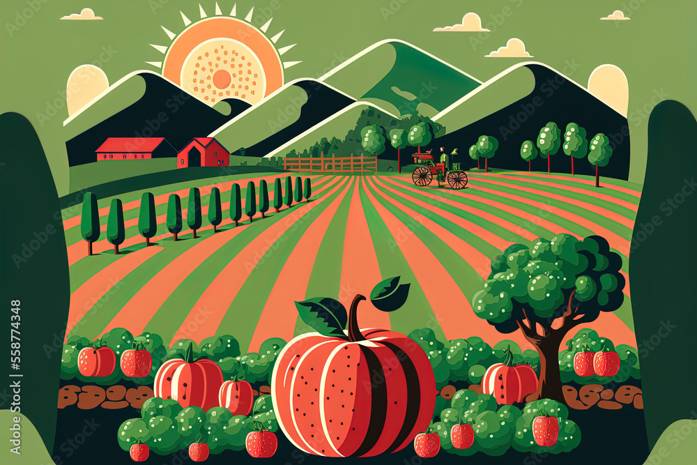 Farm poster graphics include cartoon farmers harvesting watermelons ...