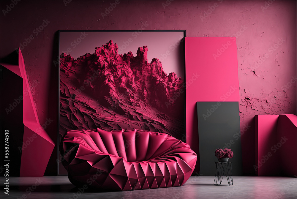 living room interior with a sofa on Trendy Pantone 18-1750 viva magenta ...