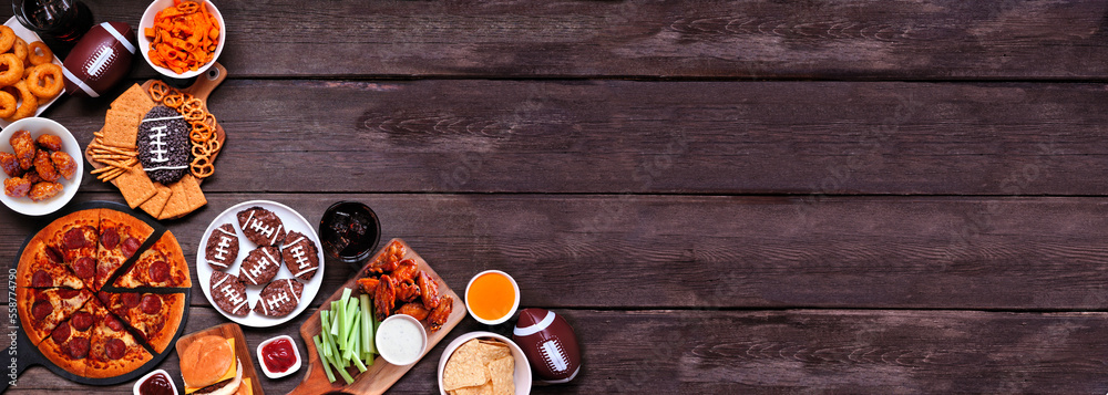 Superbowl or football theme food corner border. Pizza, hamburgers ...