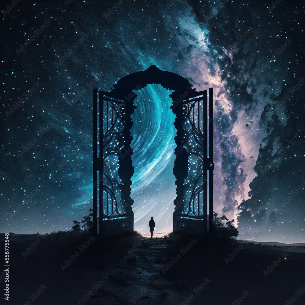 Silhouette of a person standing in front of night sky with gate to the ...