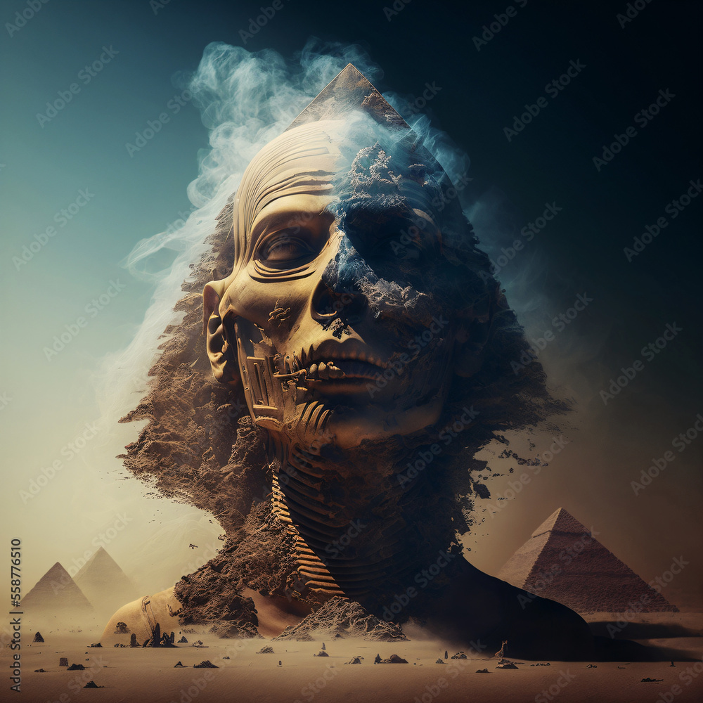 Undead mummy pharaoh with sand and pyramids. Designed using generative ...