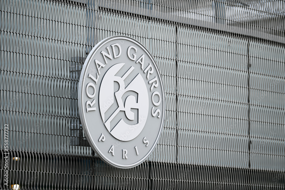 The official logo of Roland-Garros on a wall during the French Open ...