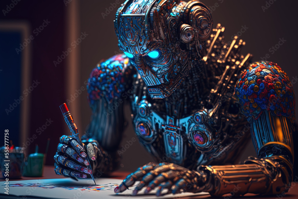 Generative AI illustration of robot artist creating an artwork concept ...