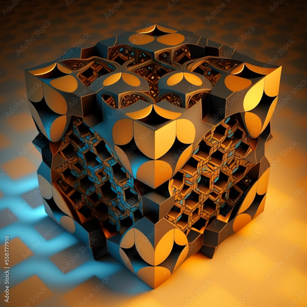 Golden penrose tile cube on gold background with glowing blue highlight ...