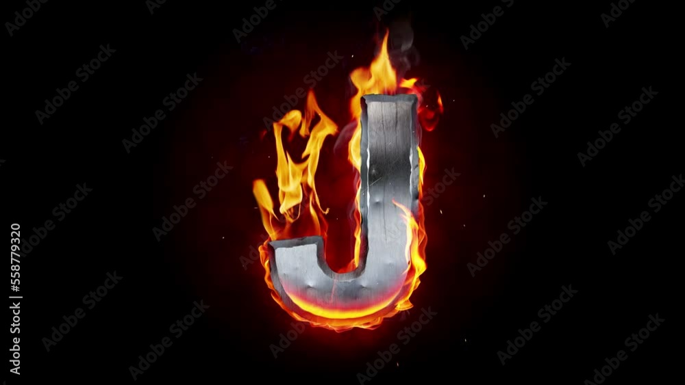 Burning metallic letter. Fiery font. Real fire flame, sparkles and ...