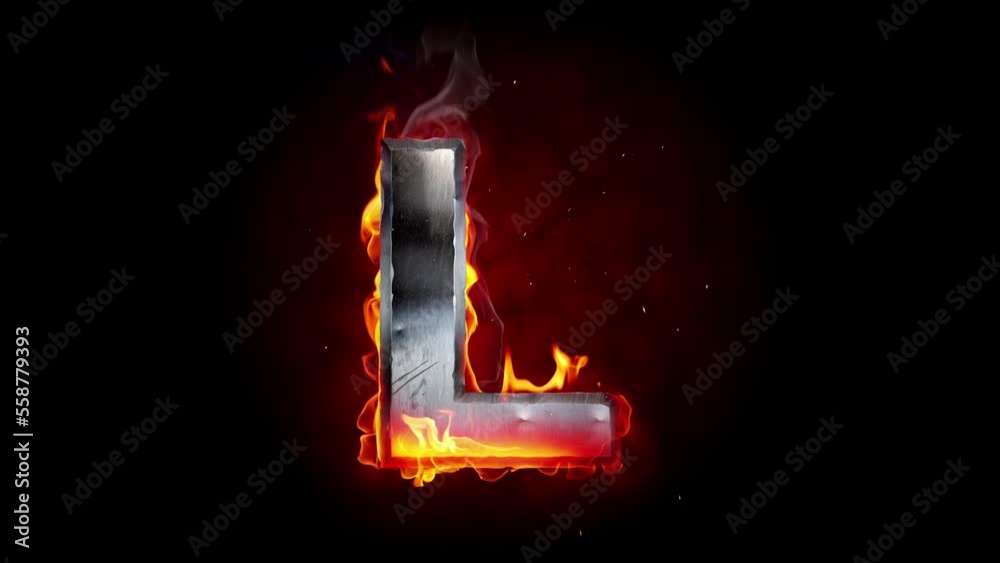 Burning metallic letter. Fiery font. Real fire flame, sparkles and ...