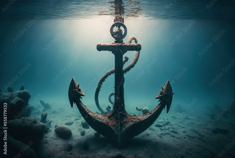 illustration of big iron anchor that abandoned at ocean floor with sung ...