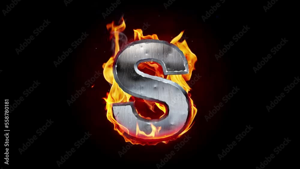 Burning metallic letter. Fiery font. Real fire flame, sparkles and ...