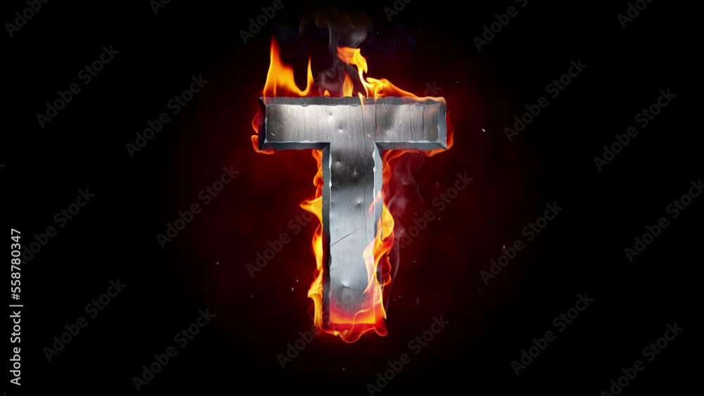 Burning metallic letter. Fiery font. Real fire flame, sparkles and ...