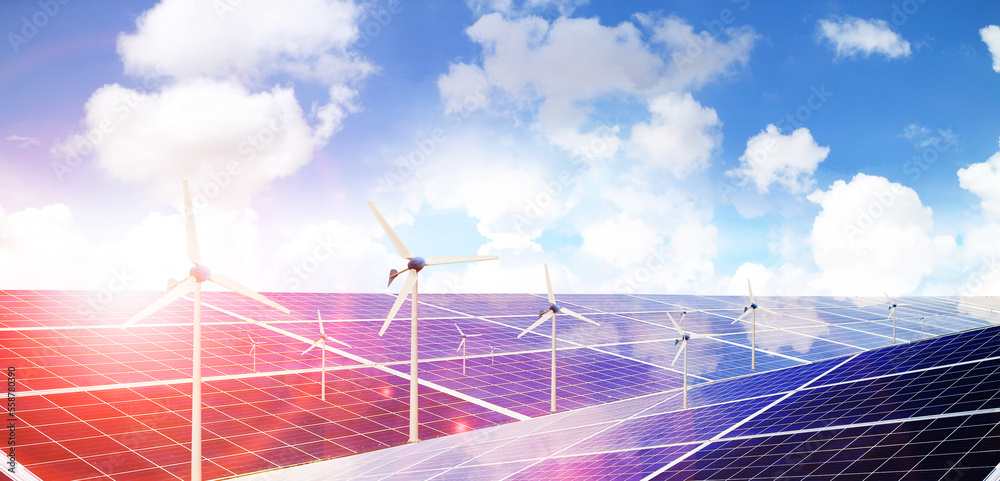 Solar Panels and Wind Turbines at Sunset or Sunrise.Concept of ...