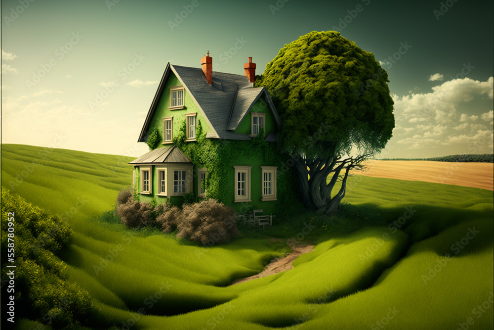 3d house on green land ultra HD resolution AI generated artwork, Stock ...