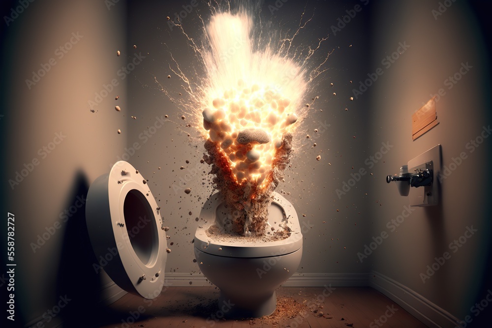 Exploding toilet bowl in bahroom, created with Generative AI technology ... Exploding toilet bowl in bahroom, created with Generative AI technology ...