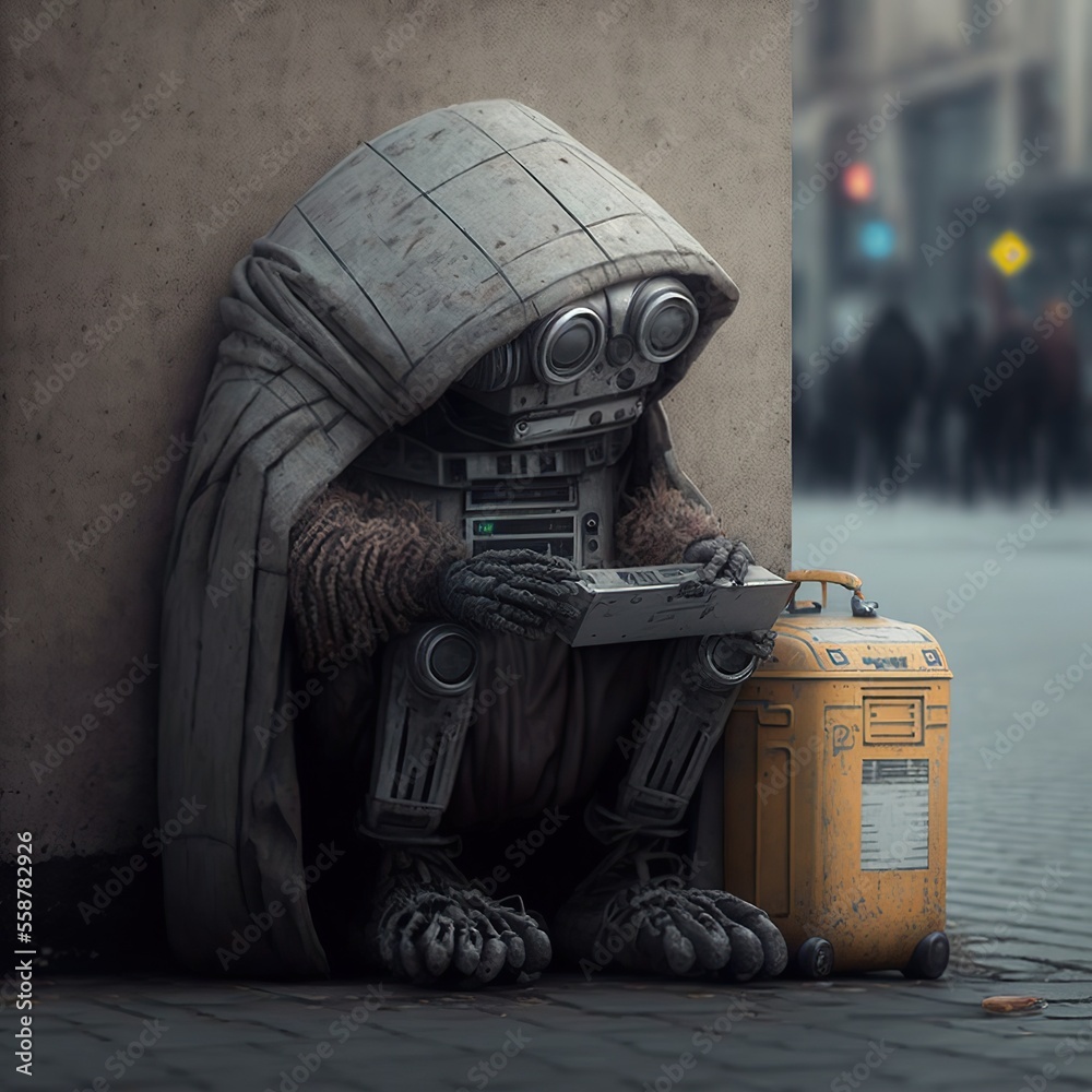 Homeless robot asking for money on the street, concept of soon to be ...