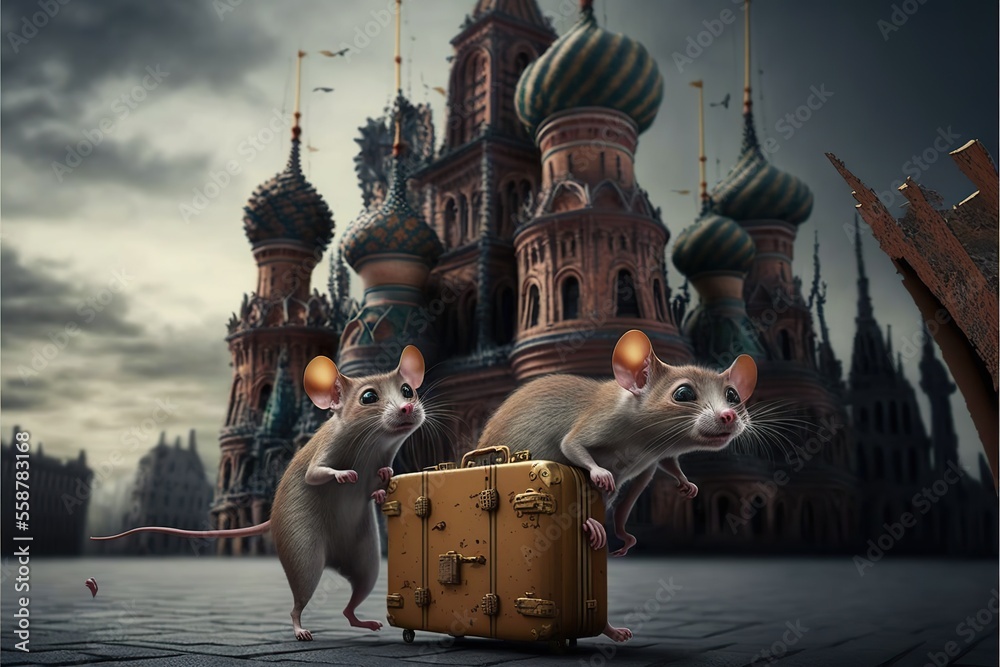 Panicked screaming rats with suitcases flee in flee kremlin, created ...