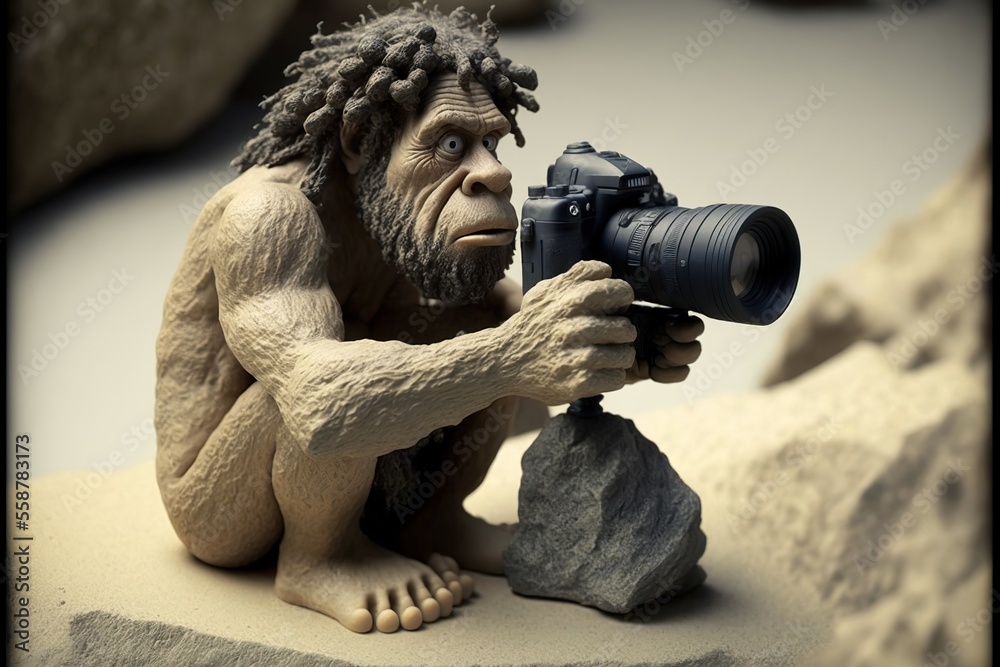 Cave man photographer with camera made of stone, concept of new user of ...