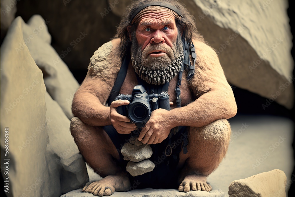 Cave man photographer with camera made of stone, concept of new user of ...