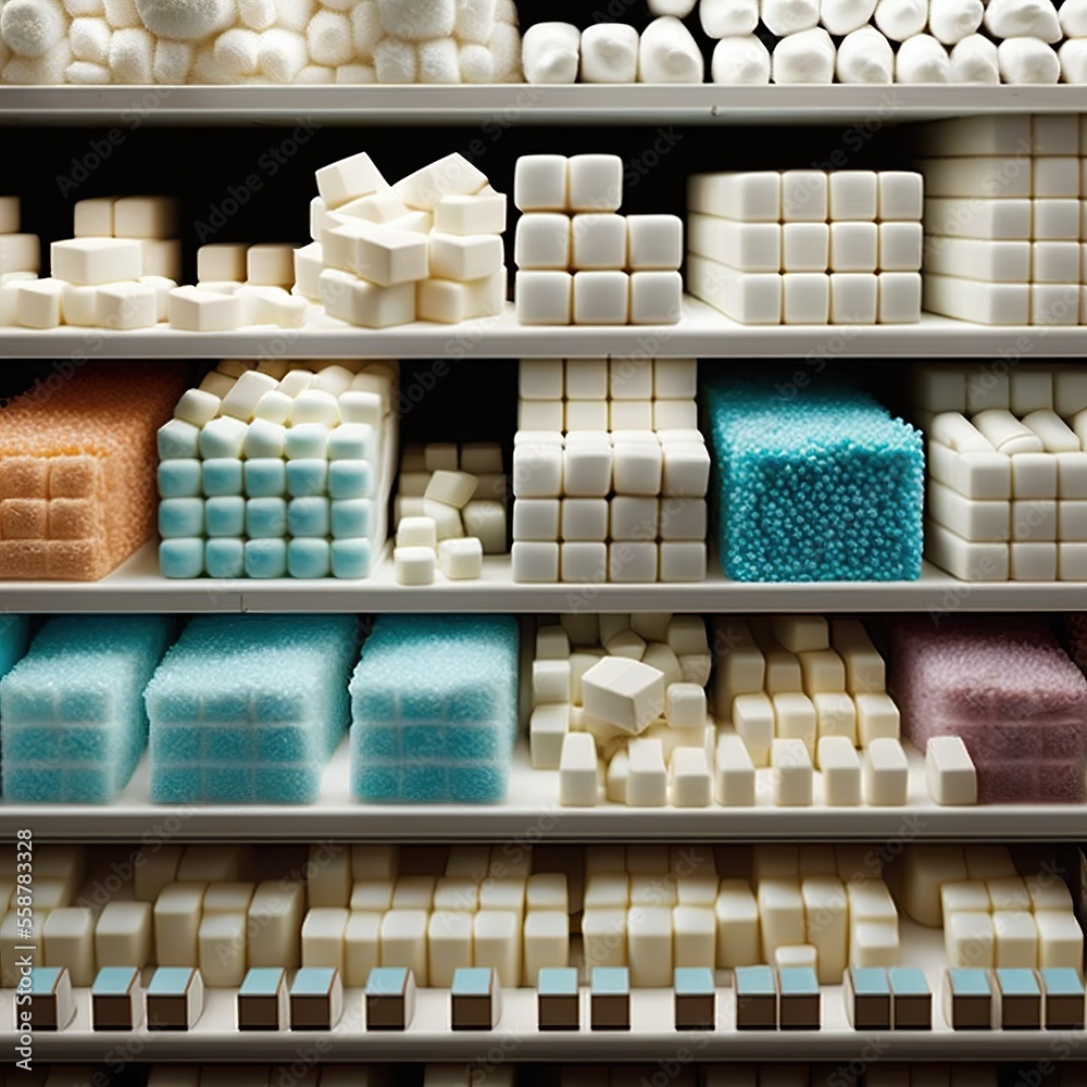 Supermarket shelves full of sugar cubes, concept of unhealthy food ...
