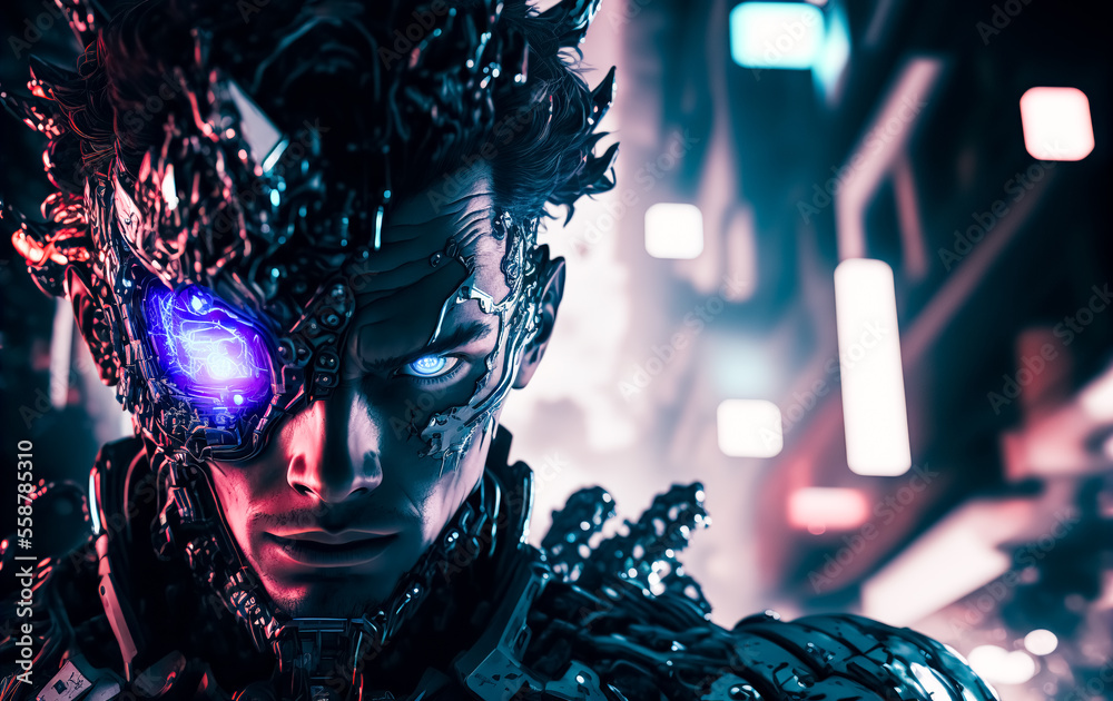 Male android cyborg point in cyberpunk city, illustration of science ...