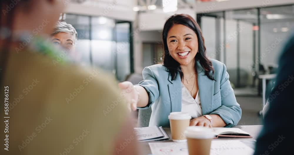 Deal, handshake and applause with business people in meeting for ...