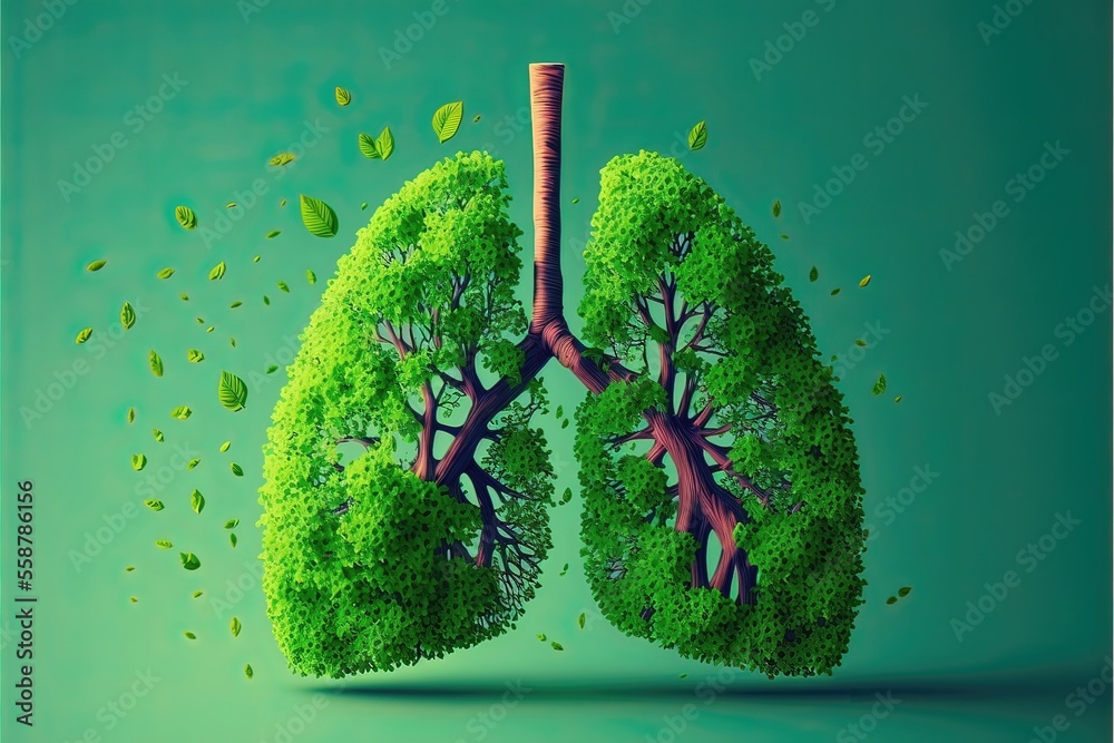 Abstract concept of healthy lungs. Fresh green lungs full of leaves ...
