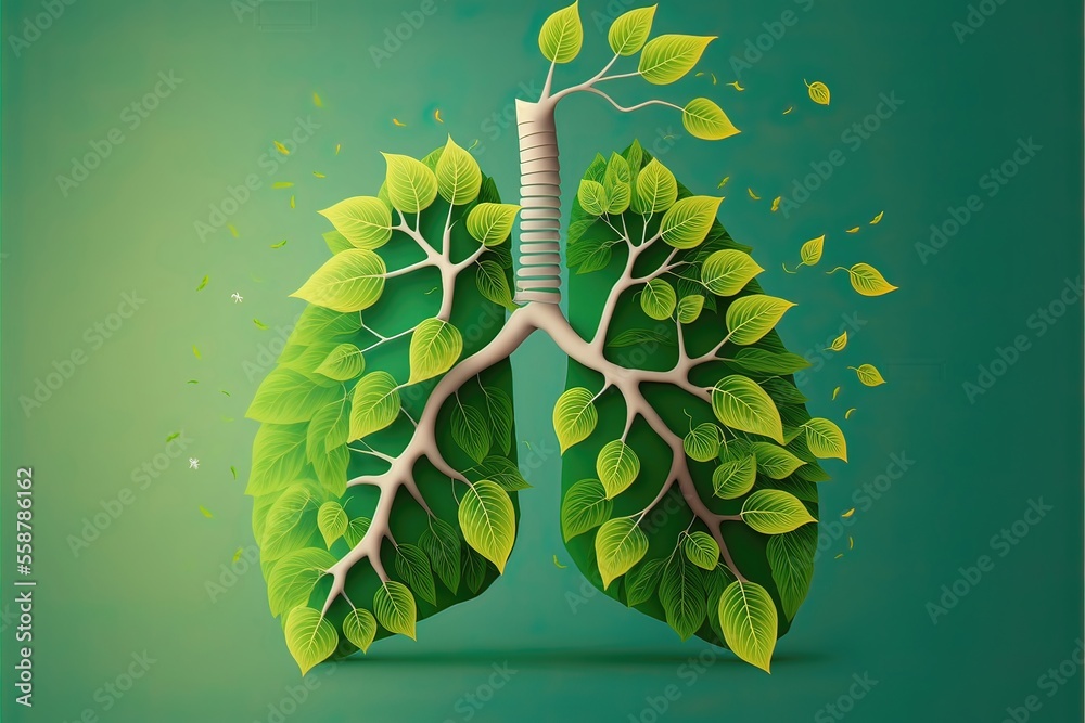 Abstract concept of healthy lungs. Fresh green lungs full of leaves. Clean lungs without lung ...