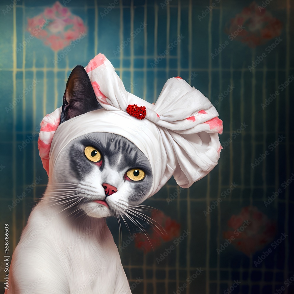 Stockillustratie Angry cat lady takes a shower, annoyed face ...