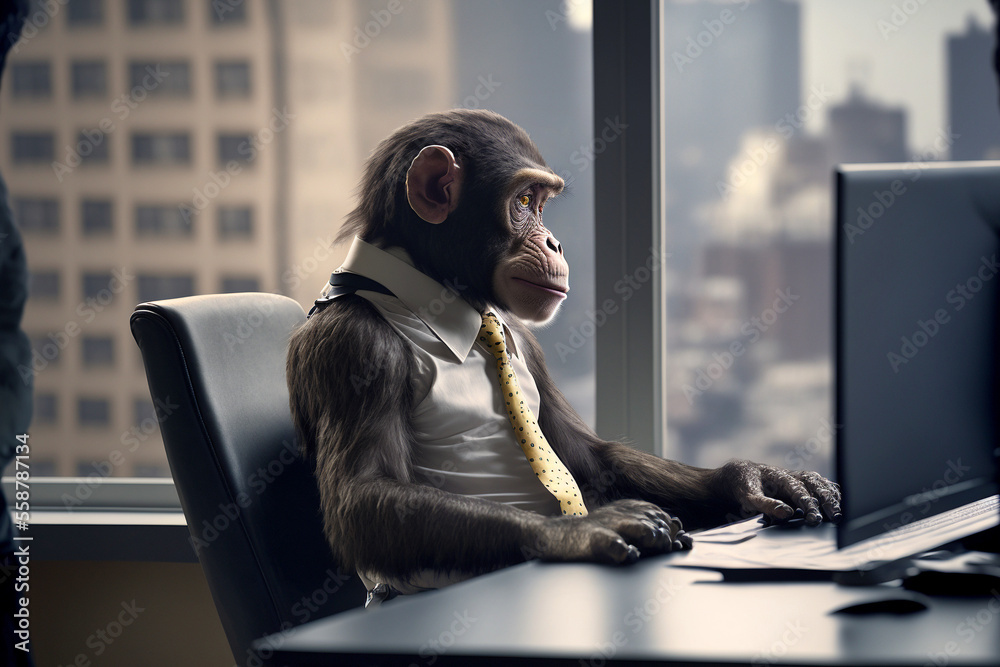 Affe im Business- Anzug, sitzt im Büro vor dem Computer. Das Büro hat ...