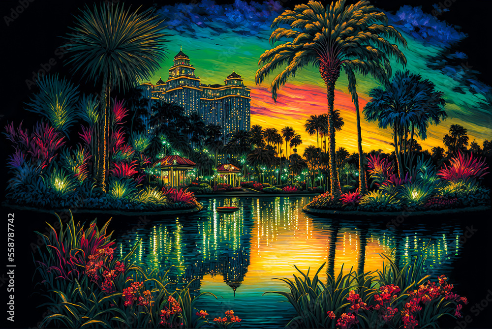 Orlando, Florida, night, painting. Generative AI Stock Illustration ...