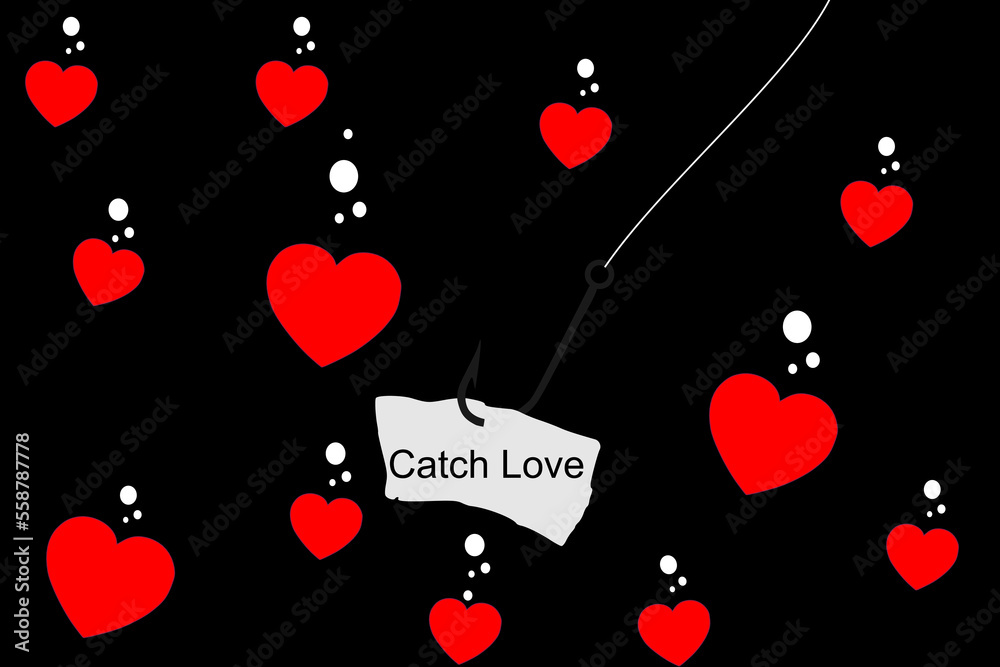Vector illustration of a fish hook with a bunch of hearts surrounding ...