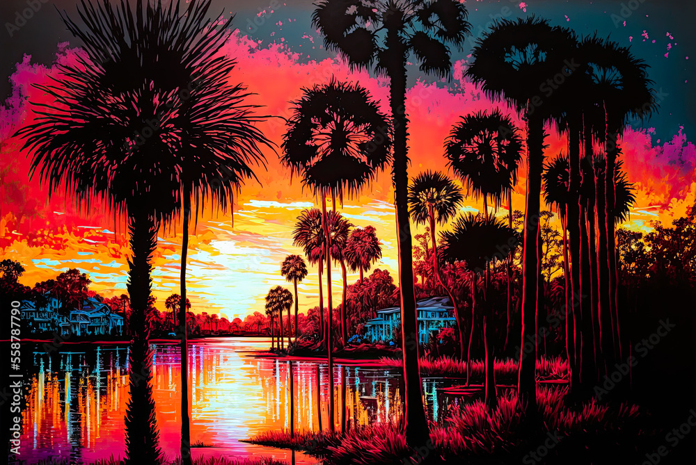 Orlando, Florida, sunset, painting. Generative AI Stock Illustration ...
