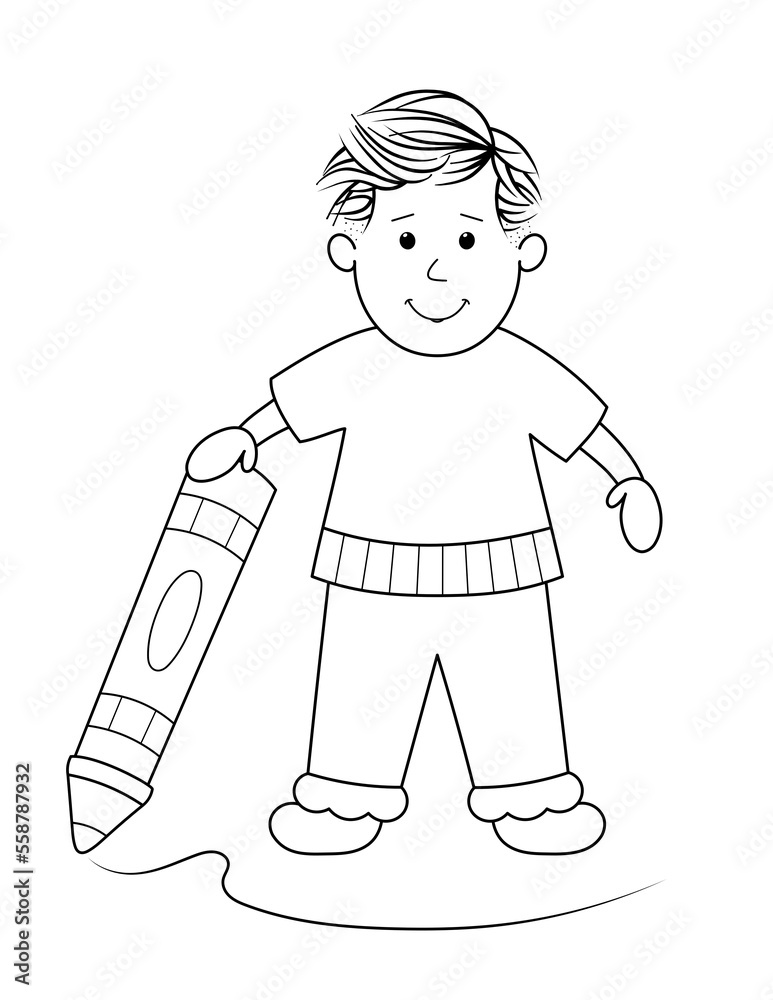 cute little boy with a cool hairstyle and a pencil. easy coloring page ...