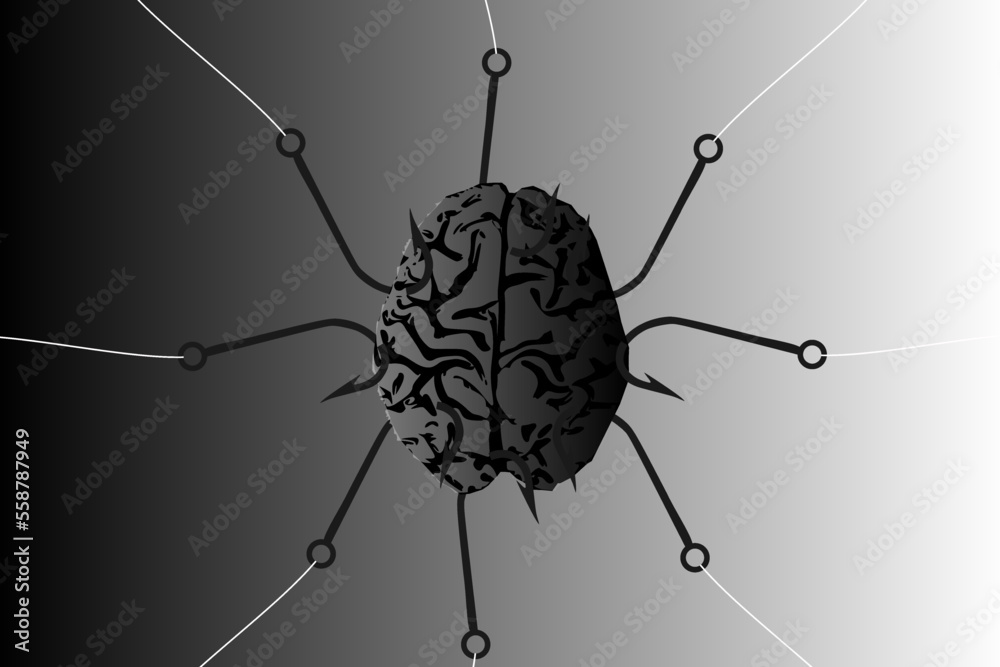 Vector illustration of human brain torn in all directions by fish hooks ...
