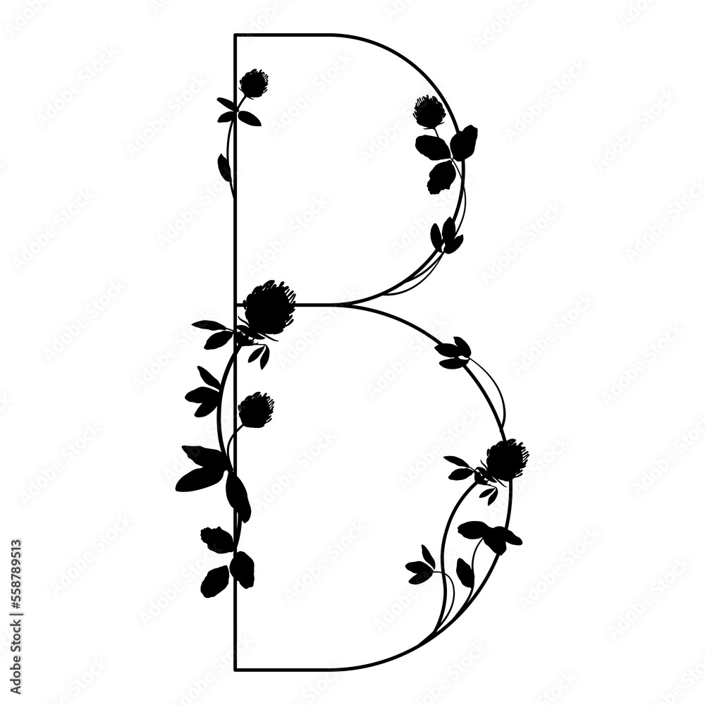 Capital letter B with floral motifs. Decorative font with blooming branches of red clover flower ...