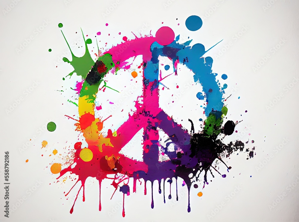 very colourful peace symbol on white background with plenty of paint ...