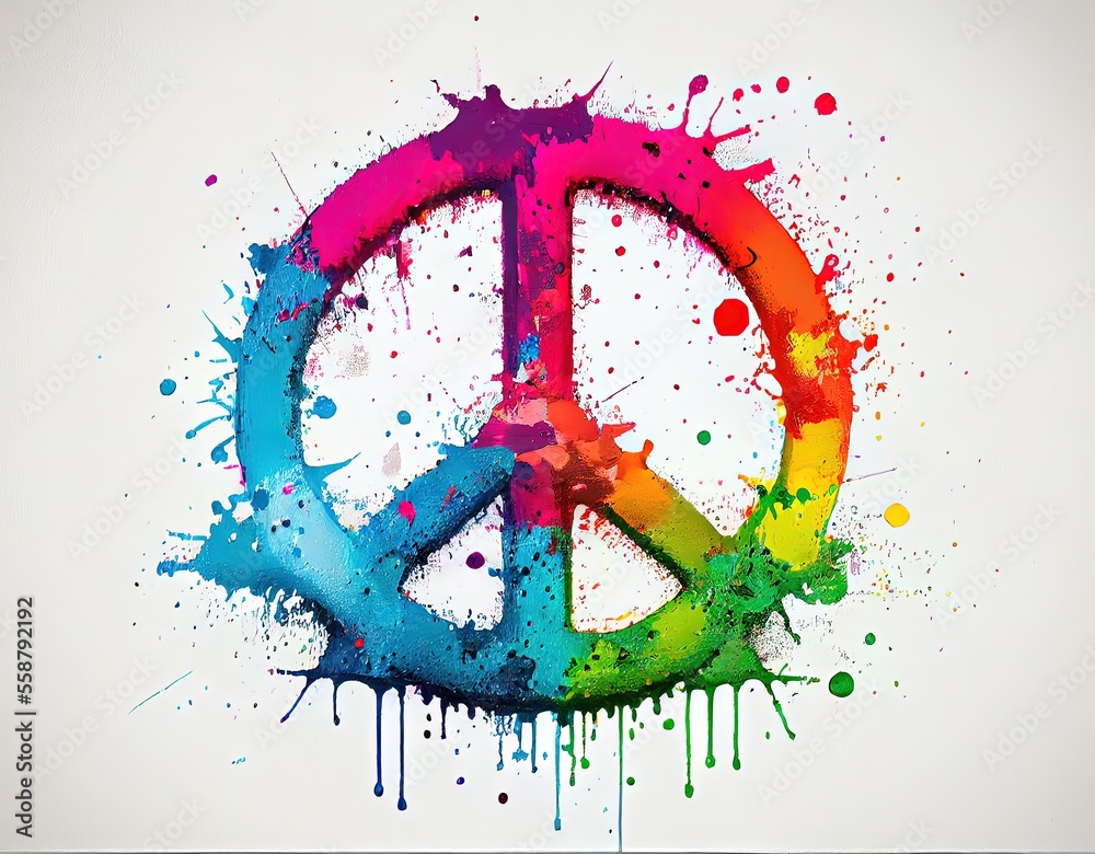 very colourful peace symbol on white background with plenty of paint ...