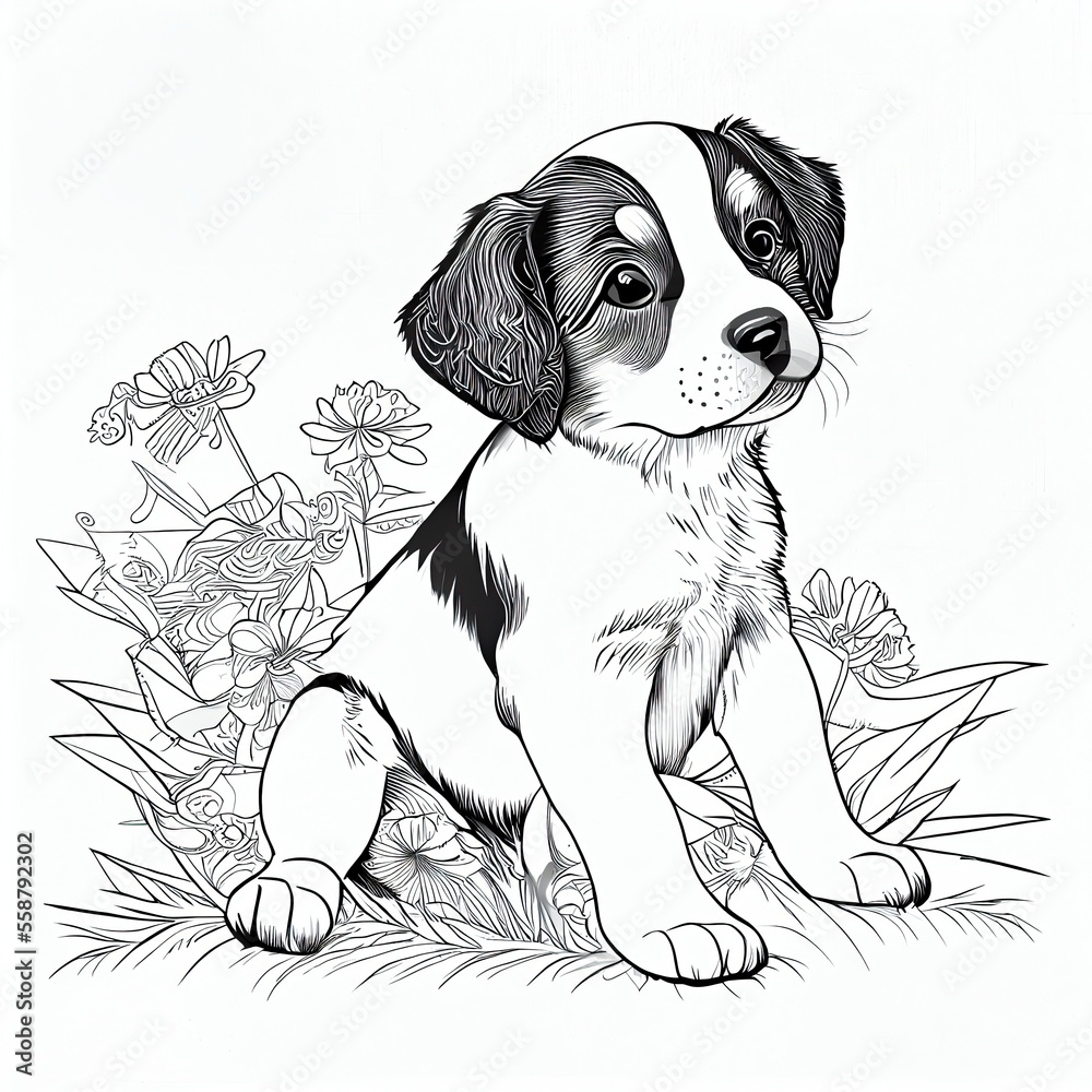 Outline illustration of dog for coloring book page. Spring background ...