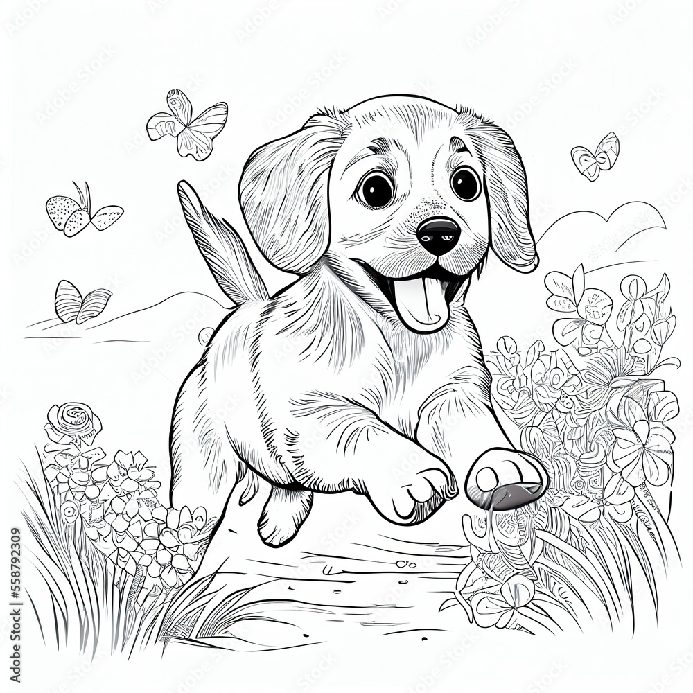 Outline illustration of dog for coloring book page. Spring background ...