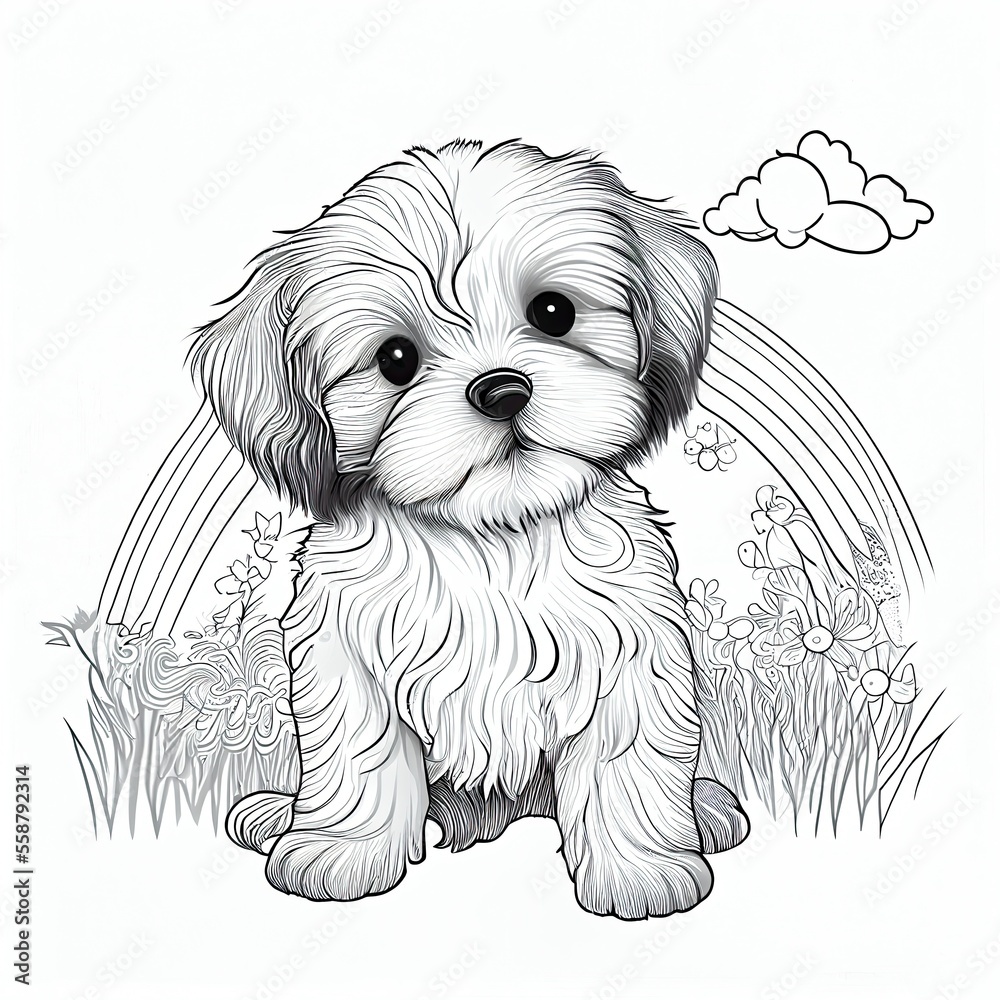 Outline illustration of dog for coloring book page. Spring background ...