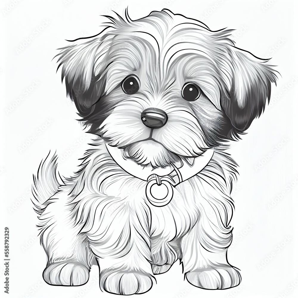 Outline illustration of dog for coloring book page. Spring background ...