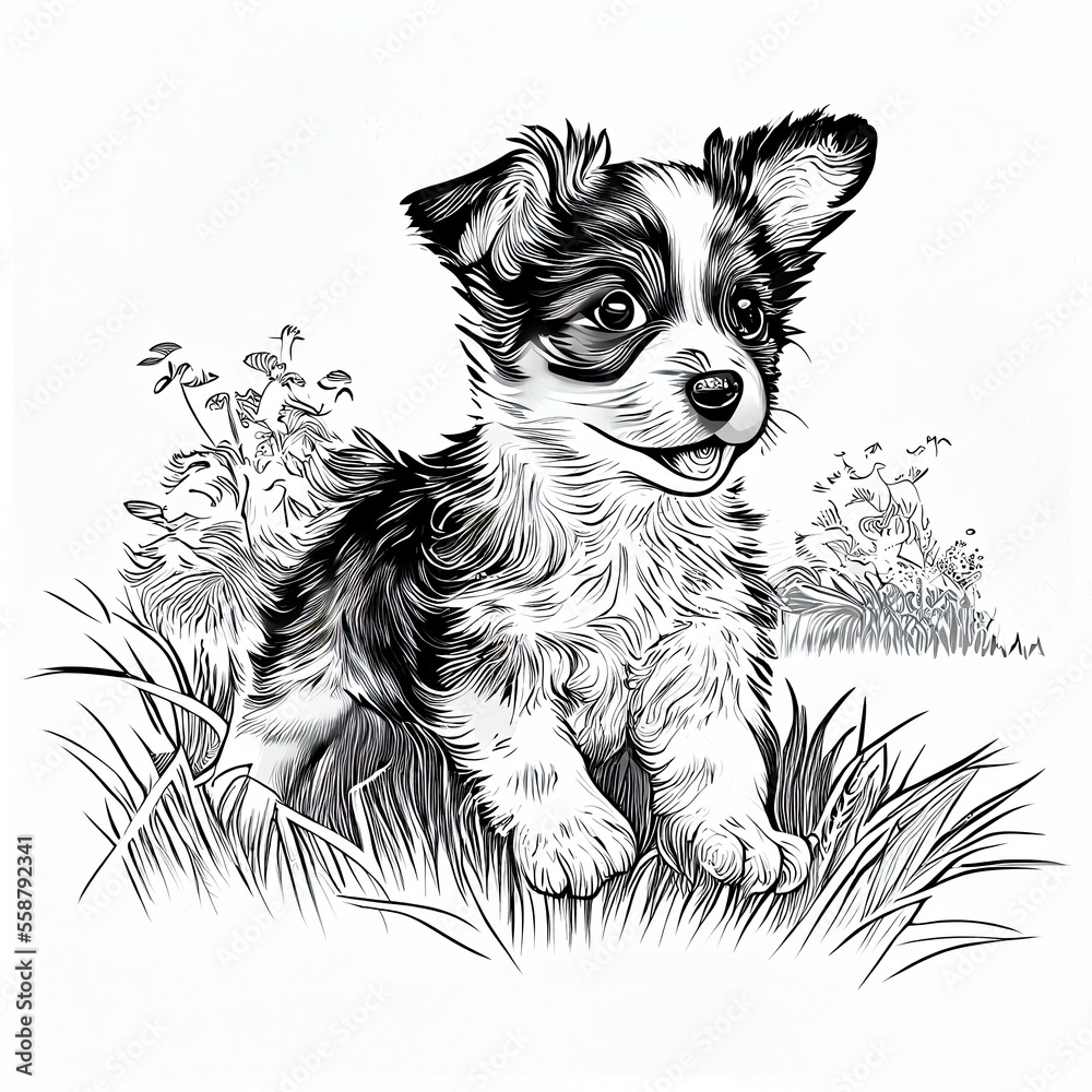 Outline illustration of dog for coloring book page. Spring background ...