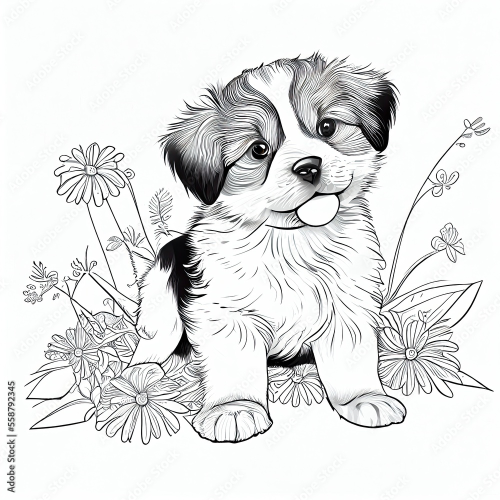 Outline illustration of dog for coloring book page. Spring background ...