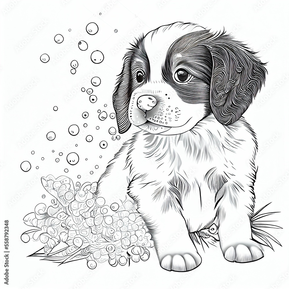 Outline illustration of dog for coloring book page. Spring background ...