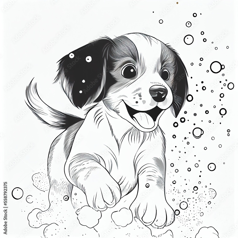 Outline illustration of dog for coloring book page. Spring background ...