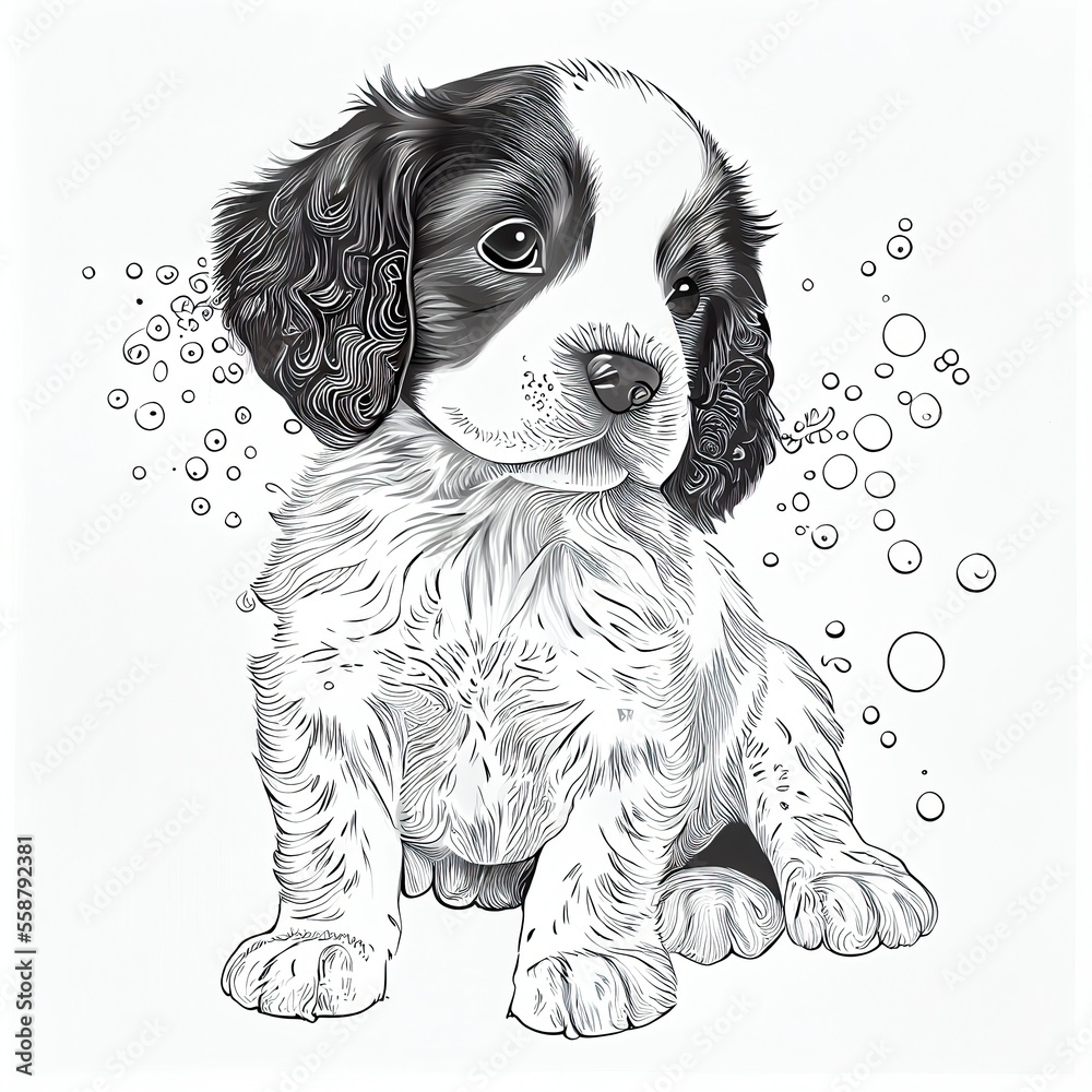 Outline illustration of dog for coloring book page. Spring background ...