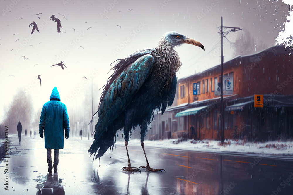 Odd, surreal illustration of a huge outsize unreal bird standing in a ...