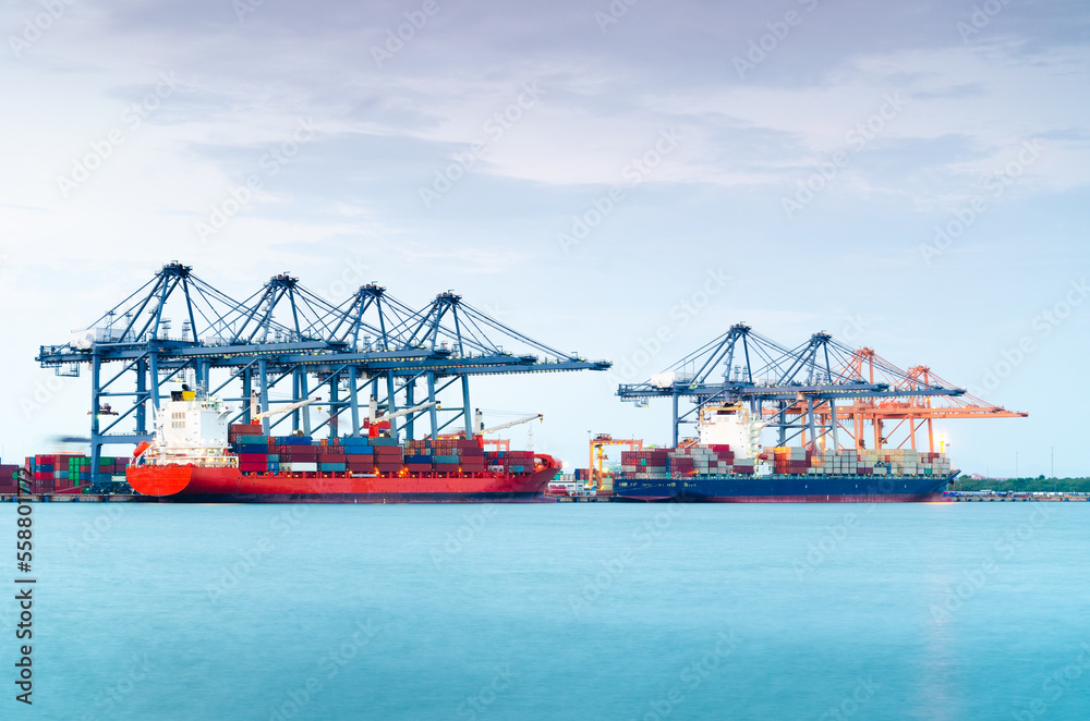 cargo port Loading containers to the cargo ship , cargo system Stock ...