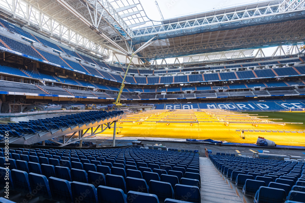 Madrid, Spain - January 04, 2023: Interior of the Santiago Bernabeu ... Madrid, Spain - January 04, 2023: Interior of the Santiago Bernabeu ...